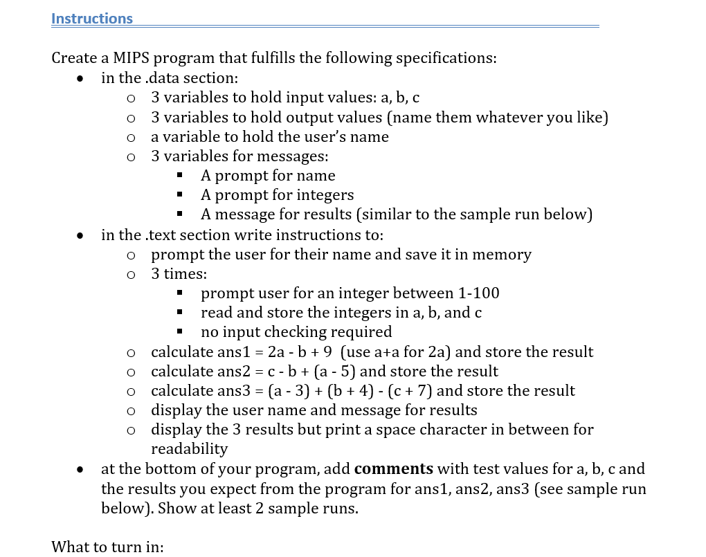 Solved Instructions Create a MIPS program that fulfills the | Chegg.com