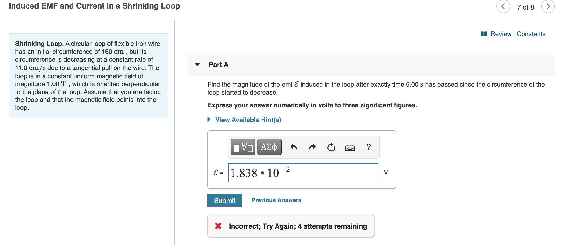 Solved Induced EMF and Current in a Shrinking Loop 7 of 8 II | Chegg.com