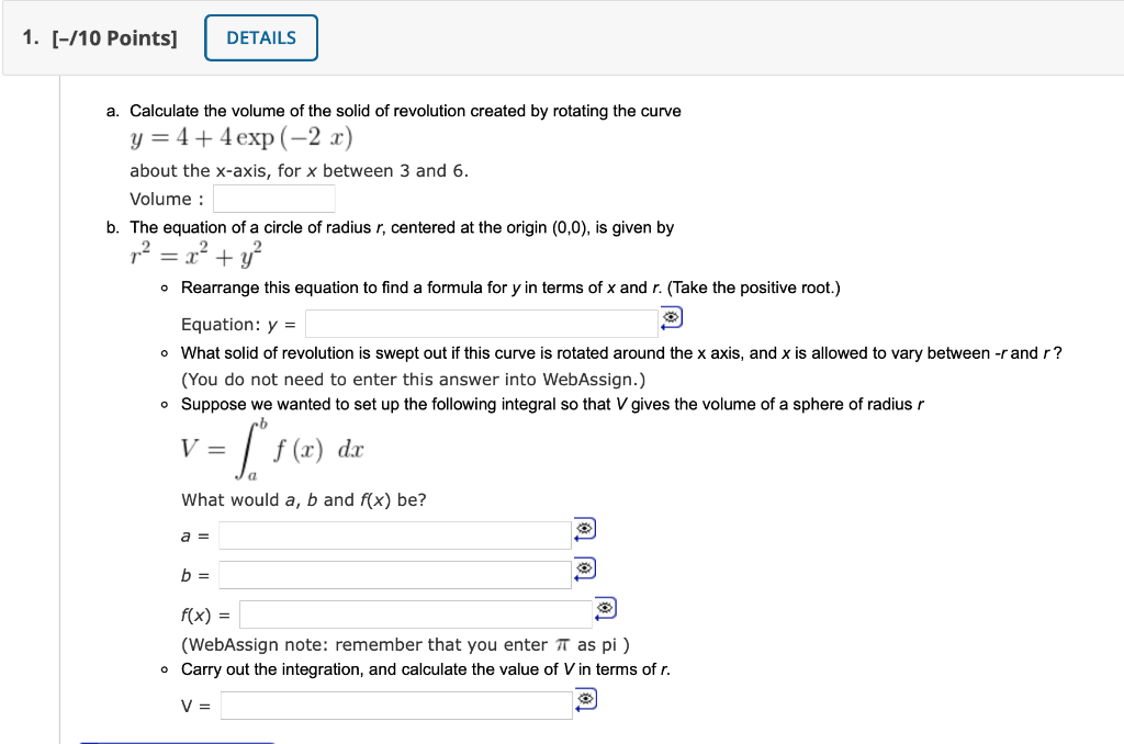 Solved 1. [-/10 Points] DETAILS a. Calculate the volume of | Chegg.com