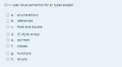 Solved C++ uses value semantics for all types except: O a | Chegg.com