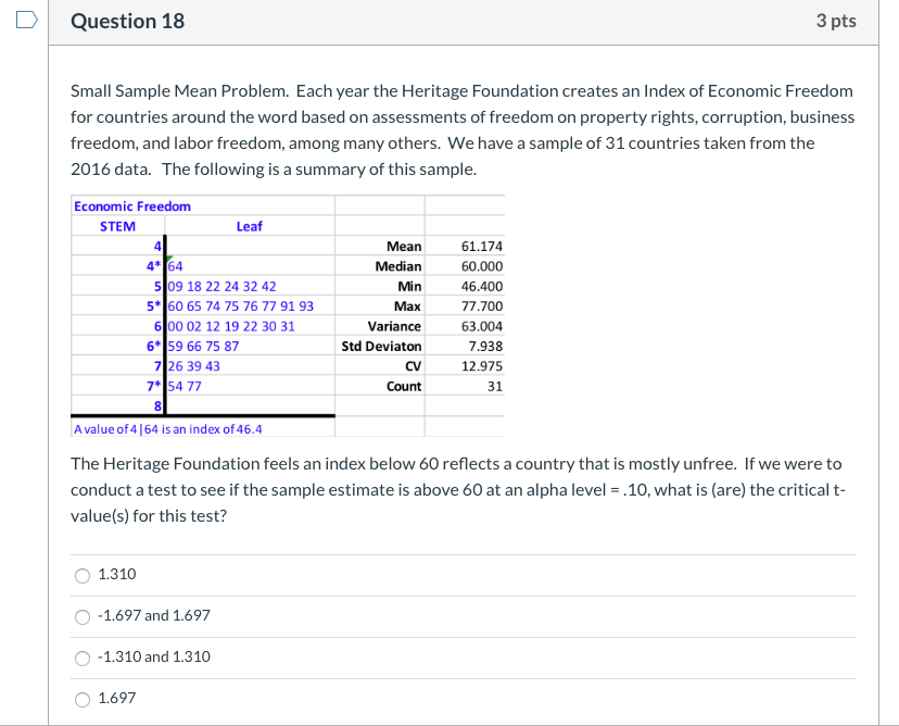 Solved Question 16 3 pts Small Sample Mean Problem. Each | Chegg.com