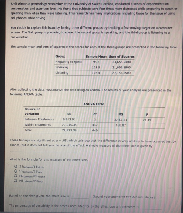 Solved Amit Almor, a psychology researcher at the University | Chegg.com