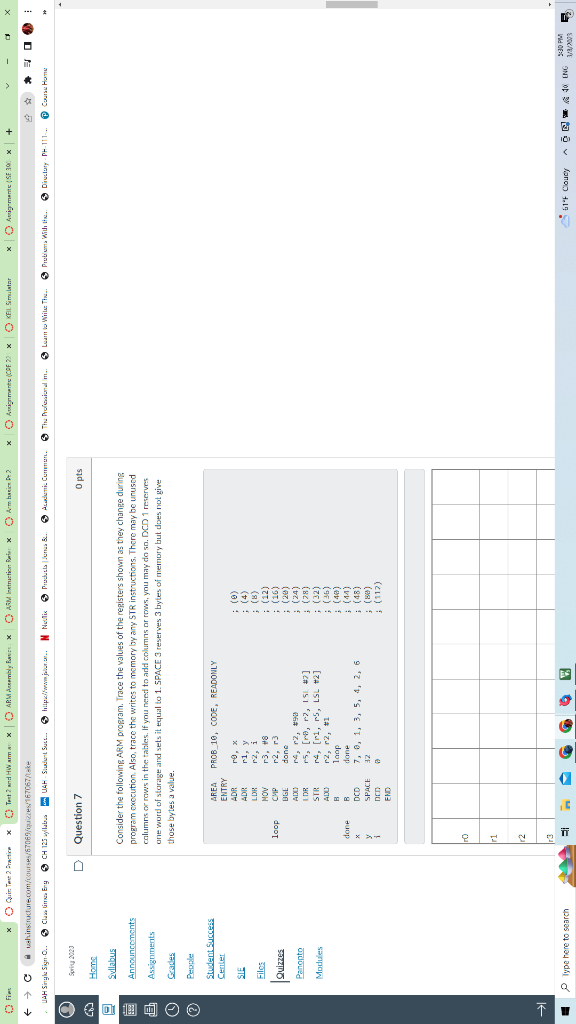Consider the following ARM program. Trace the values | Chegg.com