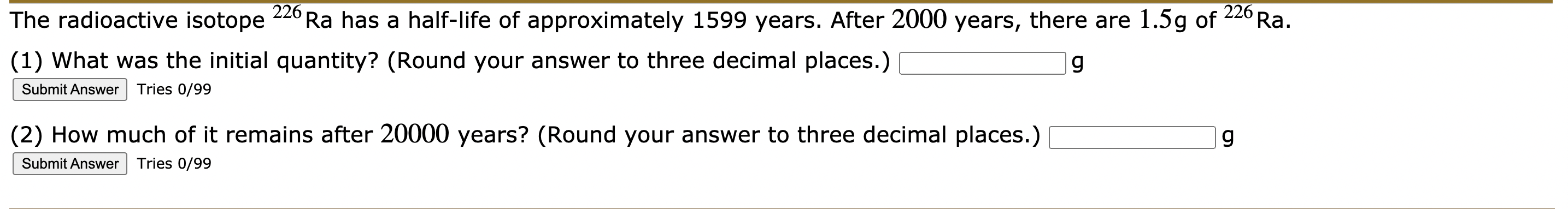 Solved The radioactive isotope 226 226 Ra has a half-life of | Chegg.com