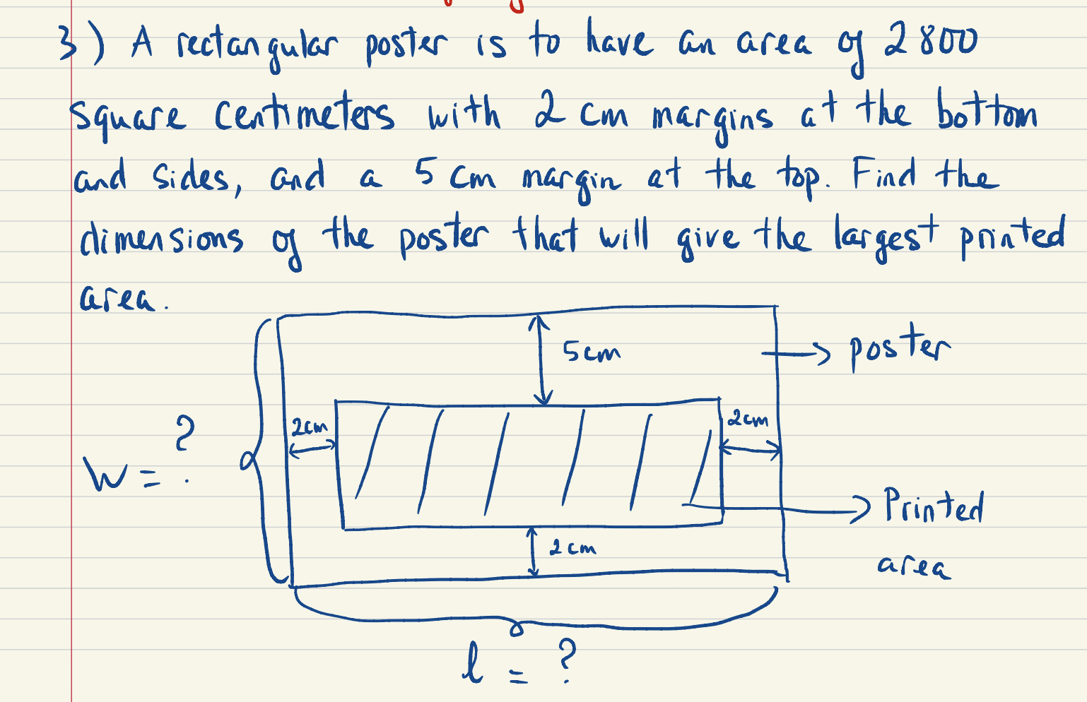 Solved 3) A rectangular poster is to have an area of 2800 | Chegg.com