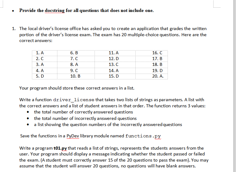 Solved Provide the docstring for all questions that | Chegg.com