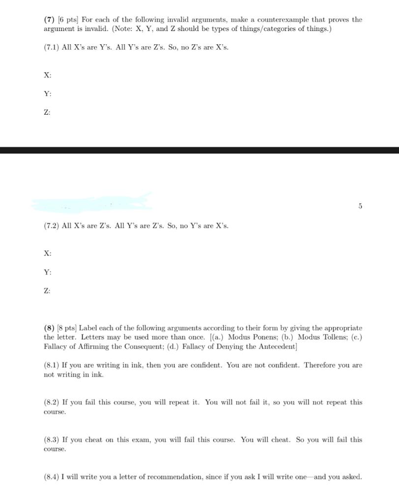 (7) [6 pts] For each of the following invalid | Chegg.com