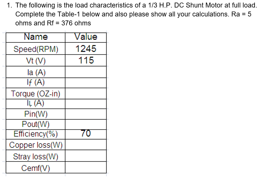 Solved DC Shunt Motor Formulas HP=746 watts, 1Ft−lb=192oz− | Chegg.com