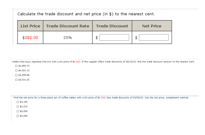 Solved Calculate the trade discount and net price (in \$) to | Chegg.com