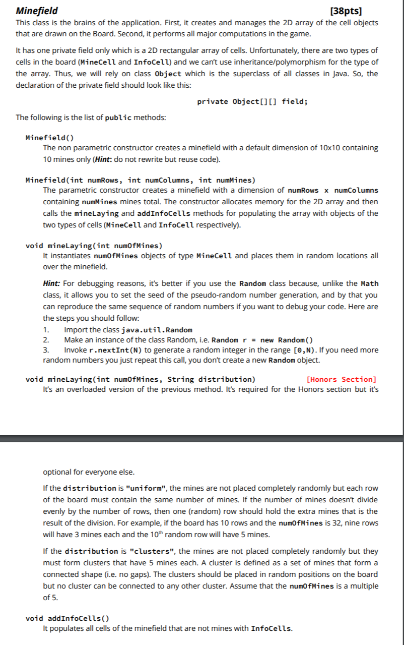 Solved Minefield [38pts] This class is the brains of the | Chegg.com