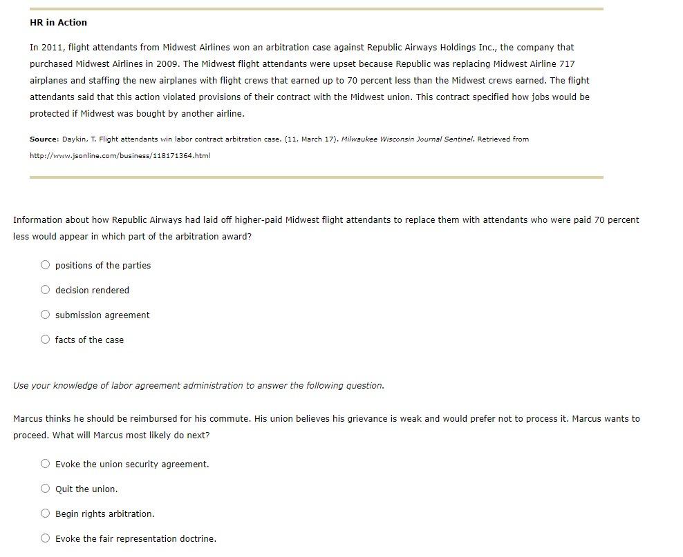 Solved In 2011, flight attendants from Midwest Airlines won | Chegg.com