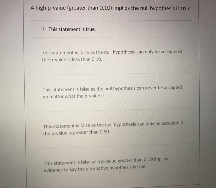 Solved A high p-value (greater than 0.10) implies the null | Chegg.com