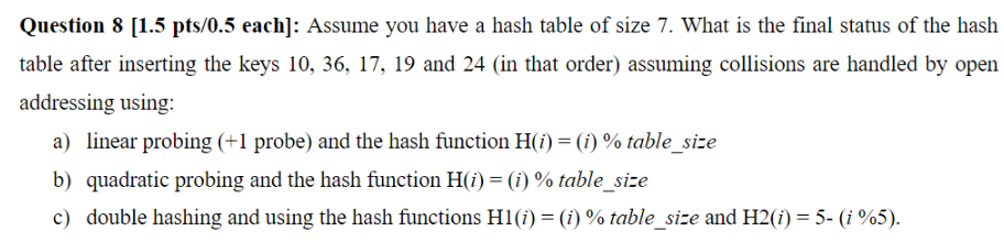 Solved Question 8 [1.5 pts/0.5 each]: Assume you have a hash | Chegg.com