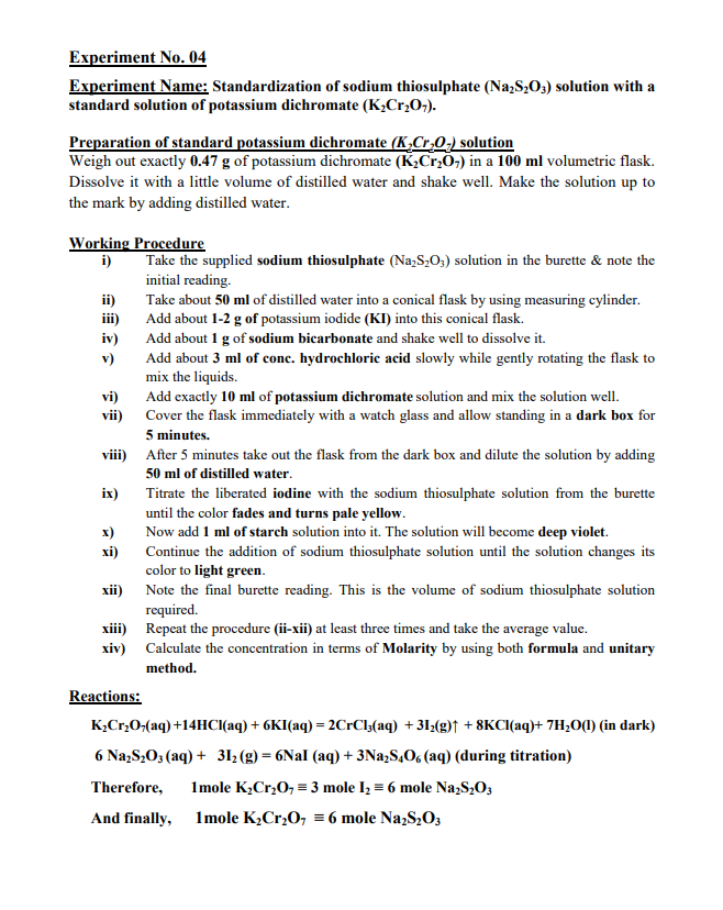 Solved Experiment No. 04 Experiment Name: Standardization of | Chegg.com
