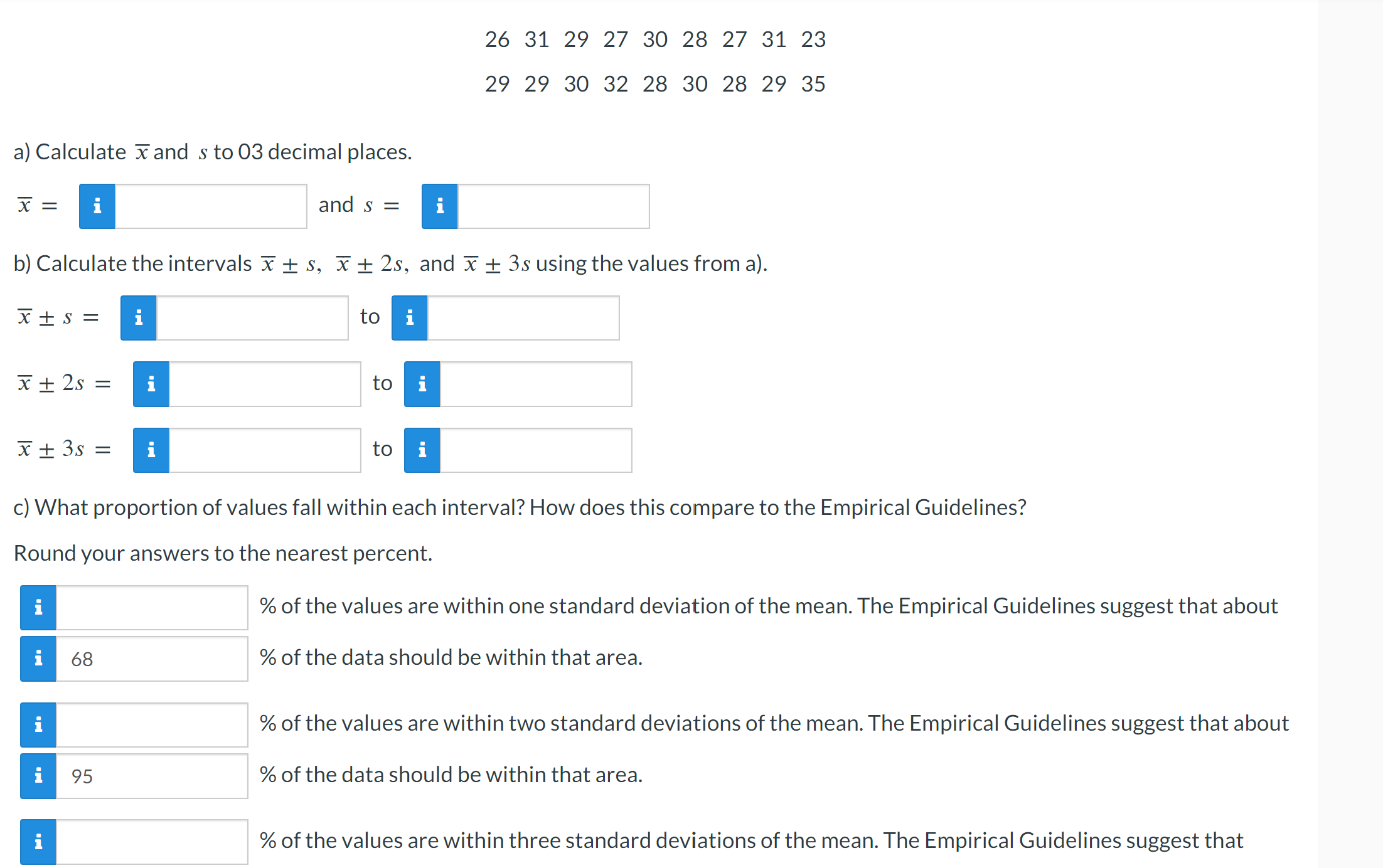 Solved 263129273028273123 292930322830282935 a) Calculate xˉ | Chegg.com
