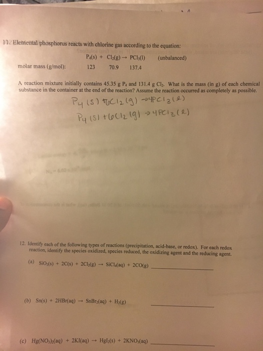 Solved 11 Elentental phosphorus reacts with chlorine gas | Chegg.com