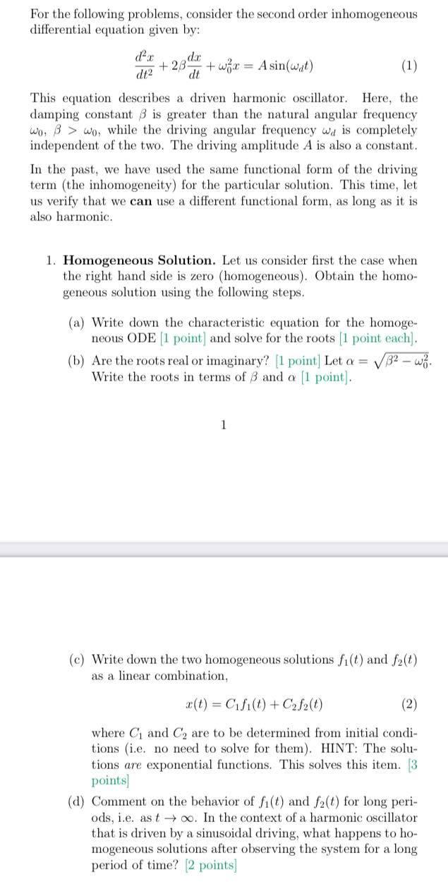 Solved For the following problems, consider the second order | Chegg.com