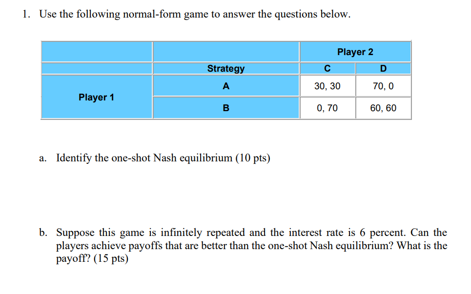 Solved 1. Use the following normal-form game to answer the | Chegg.com