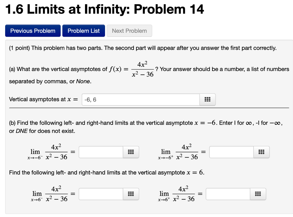 Solved 1.6 Limits at Infinity: Problem 14 Previous Problem | Chegg.com