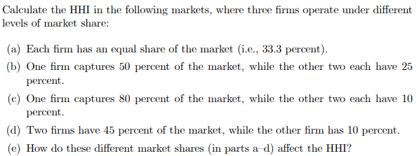 Solved Calculate the HHI in the following markets, where | Chegg.com