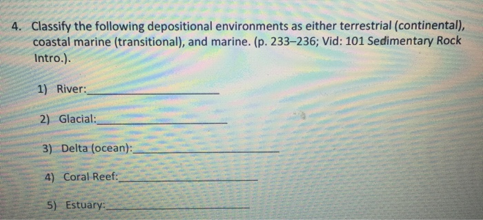 Solved 4. Classify the following depositional environments | Chegg.com