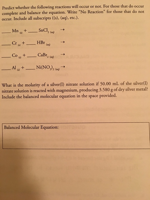 Solved Predict whether the following reactions will occur or | Chegg.com