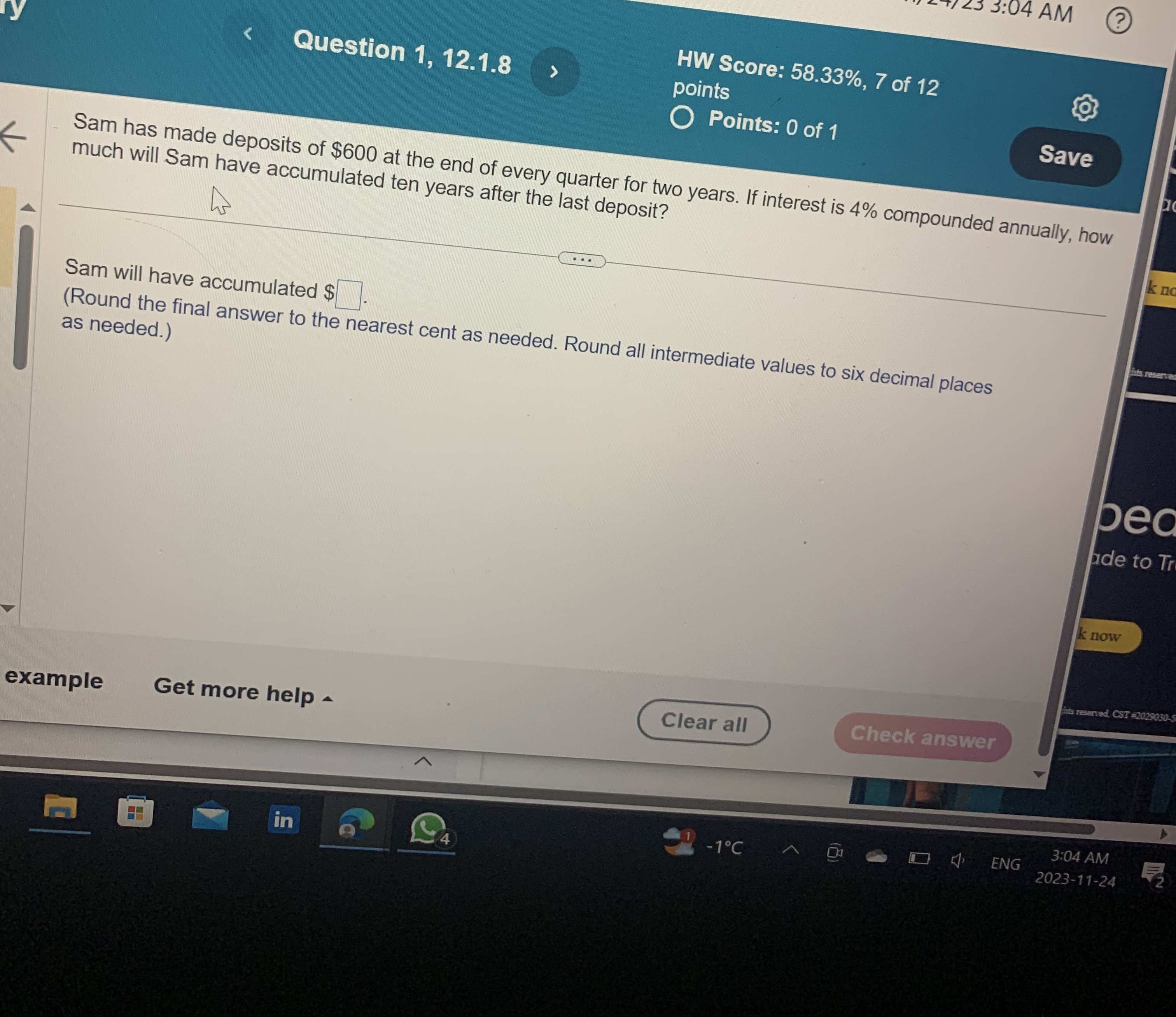 Solved Points: 0 of 1 Save Sam has made deposits of $600 at | Chegg.com