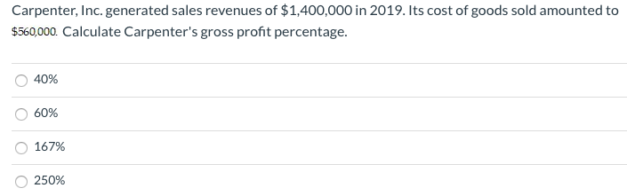 Solved Carpenter, Inc. generated sales revenues of | Chegg.com