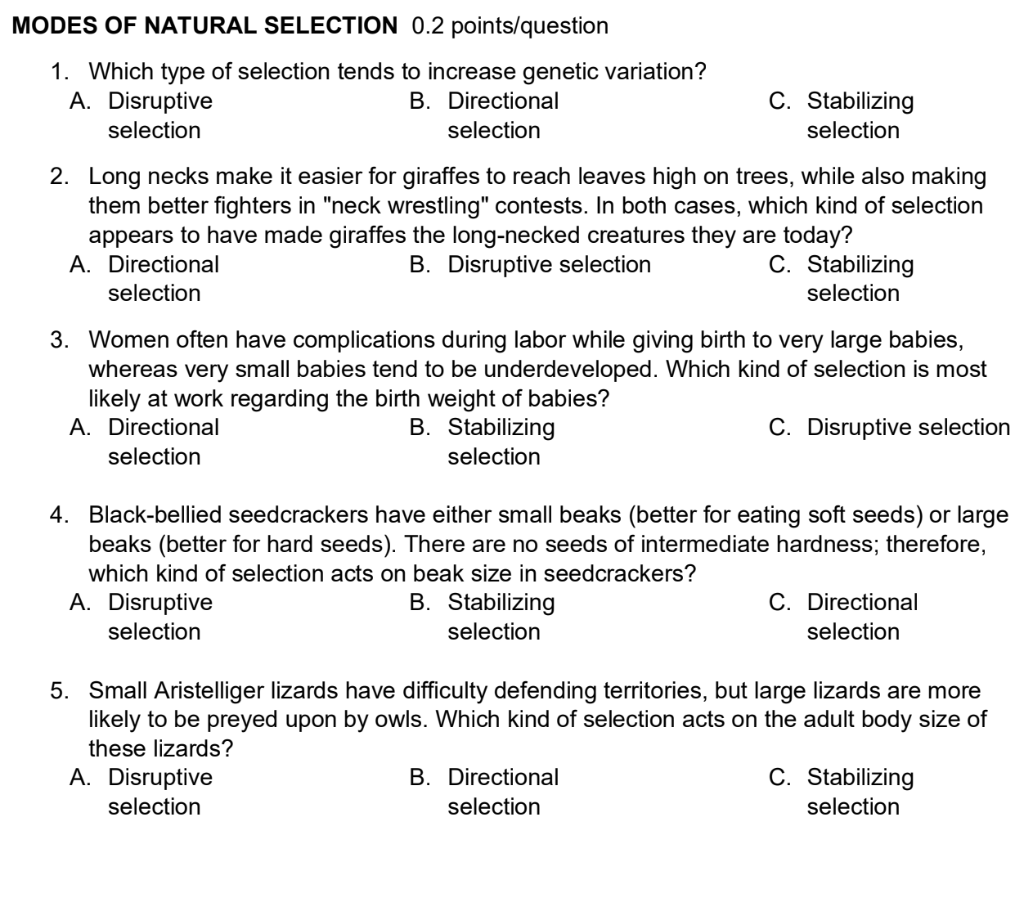 Solved MODES OF NATURAL SELECTION 0.2 points/question 1. | Chegg.com