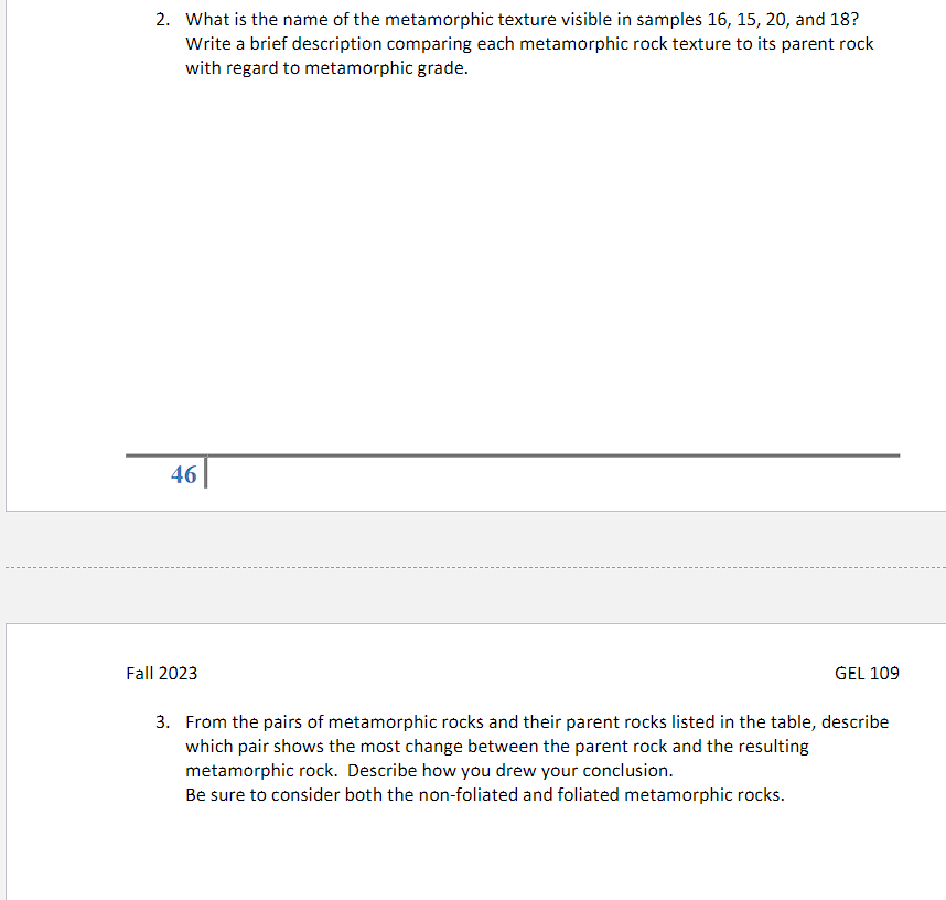 Solved METAMORPHIC ROCK ANSWER SHEET Questions: 1. Subject | Chegg.com