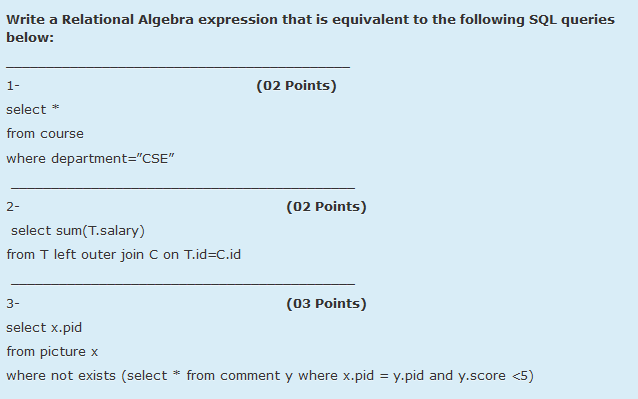 Solved Write a Relational Algebra expression that is | Chegg.com
