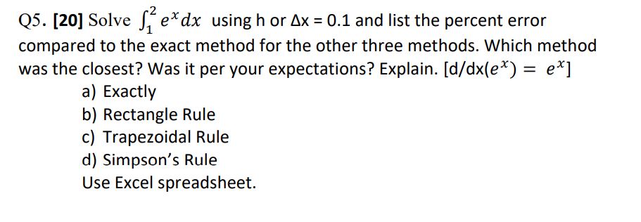 Solved Q5. [20] Solve ∫12exdx using h or Δx=0.1 and list the | Chegg.com