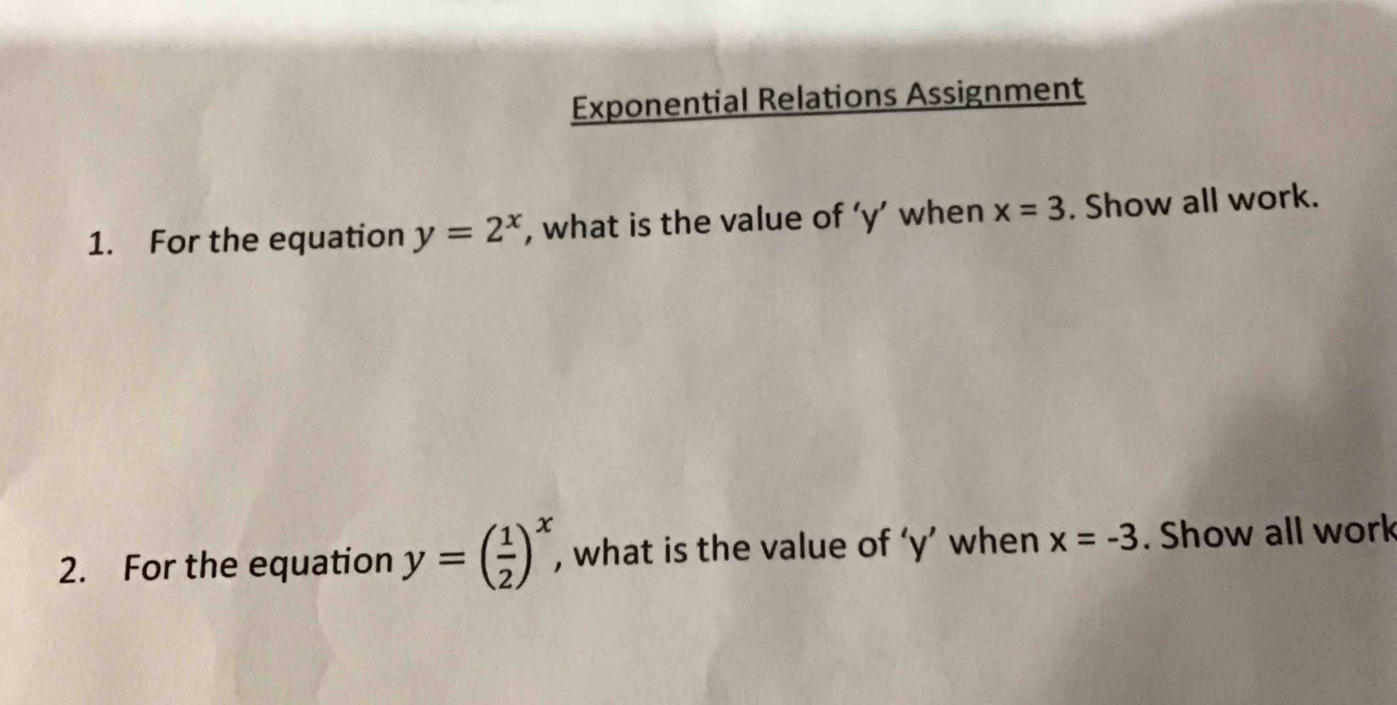 Exponential Relations AssignmentFor the equation | Chegg.com
