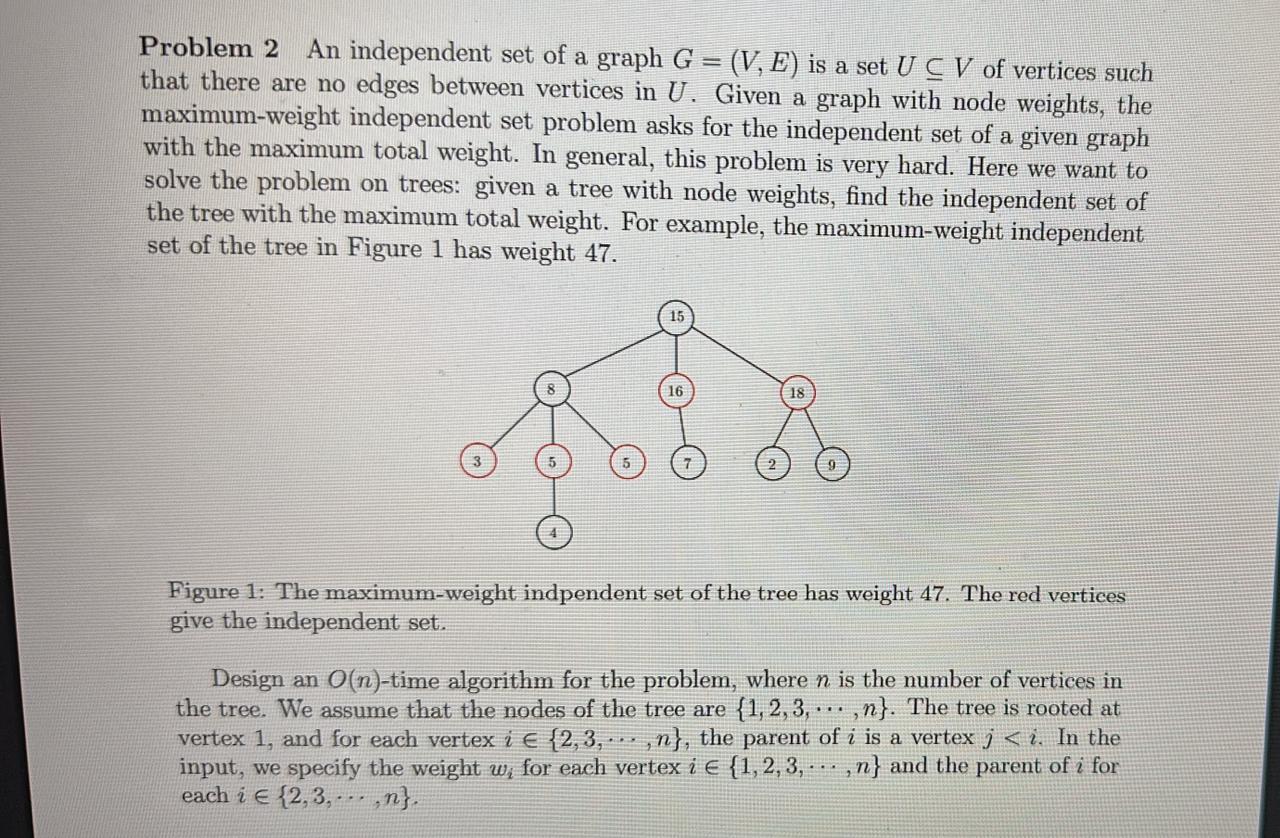 Solved Problem 2 An independent set of a graph G=(V,E) is a | Chegg.com
