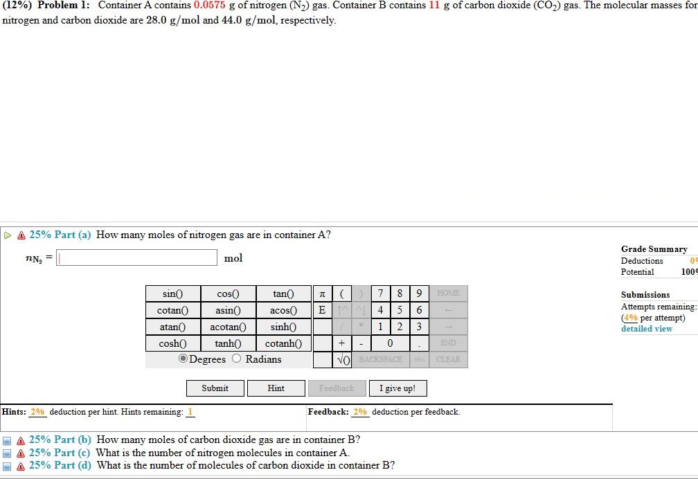 Solved (12\%) Problem 1: Container A contains 0.0575 g of | Chegg.com