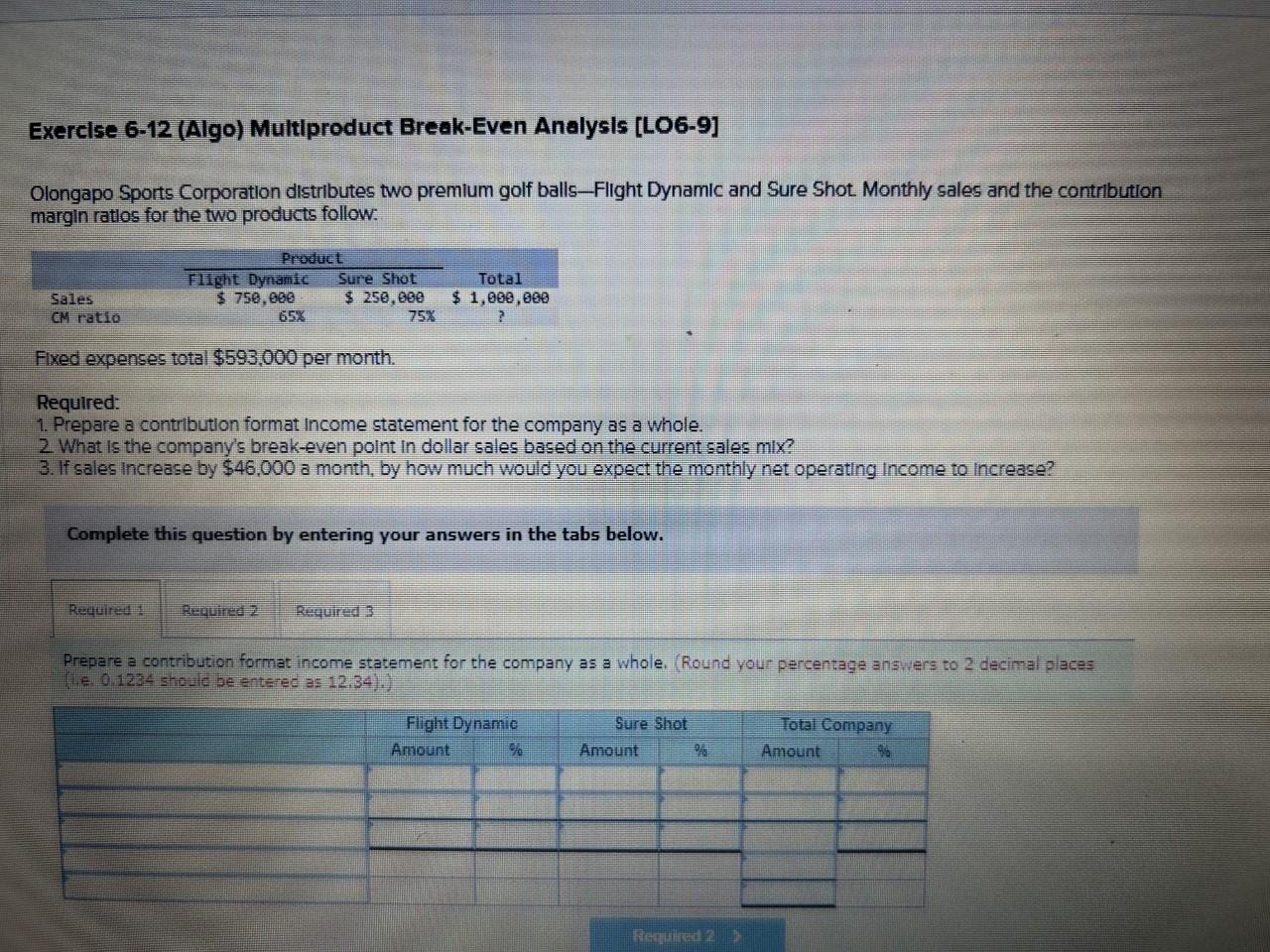 Solved Exercise 6-12 (Algo) Multiproduct Break-Even Analysis | Chegg.com