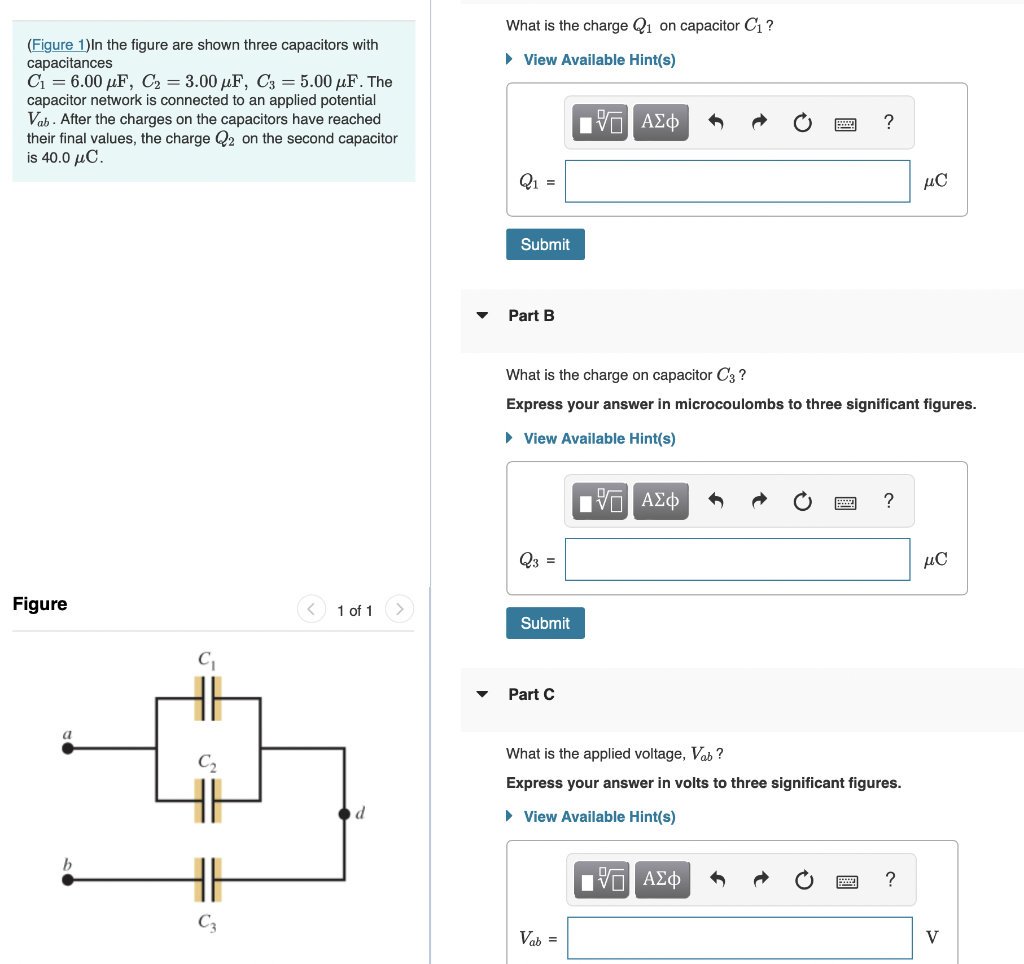 Solved What is the charge Q1 on capacitor C1 ? (Figure 1)In | Chegg.com