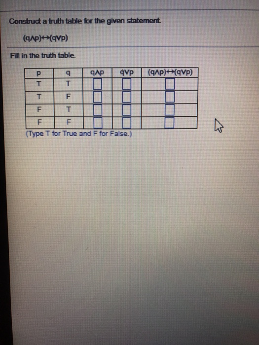 Solved Construct a truth table for the given statement Fill | Chegg.com