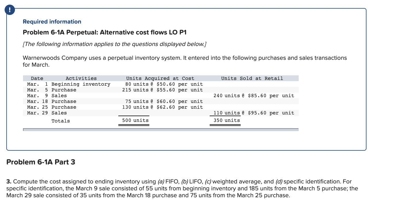 Solved Required information Problem 6-1A Perpetual: | Chegg.com