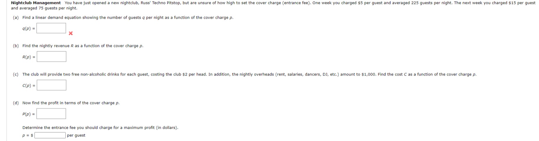 Solved and averaged 75 guests per night. (a) Find a linear | Chegg.com