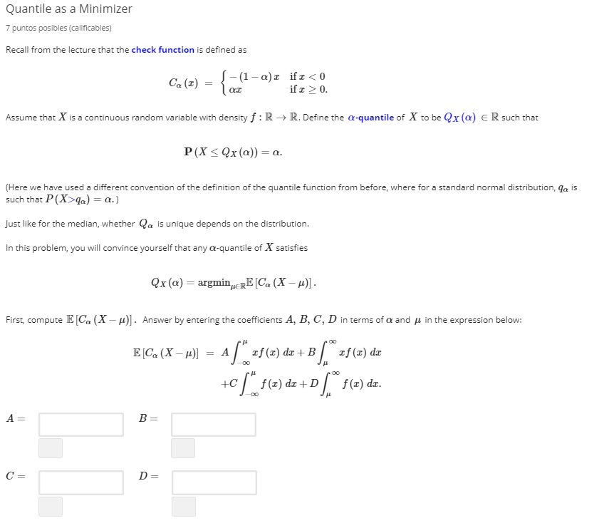 Solved Quantile as a Minimizer 7 puntos posibles | Chegg.com