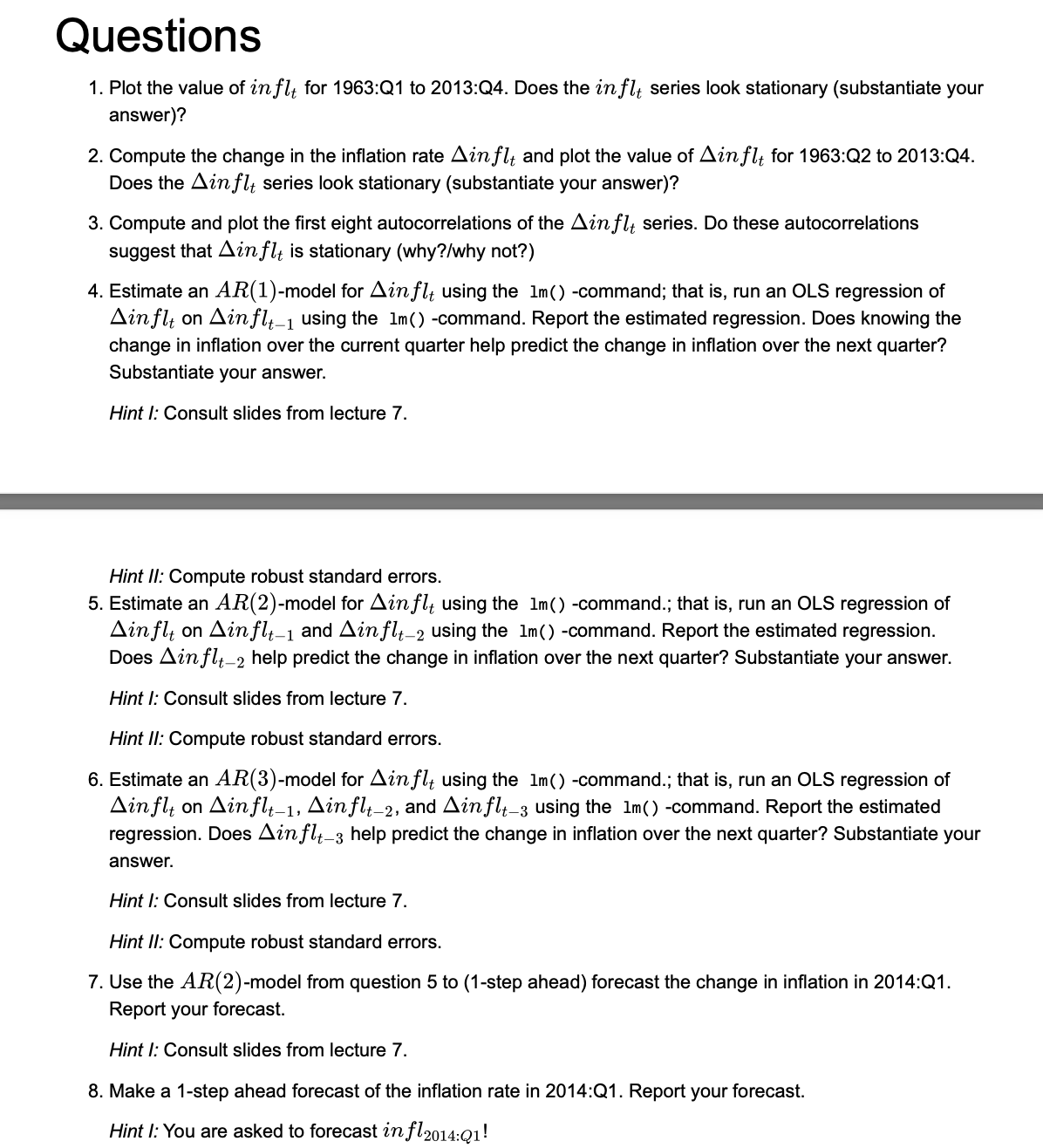 Solved QuestionsPlot the value of inflt ﻿for 1963:Q1 ﻿to | Chegg.com