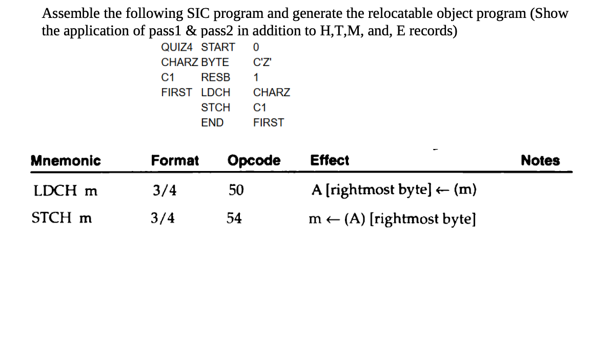 Assemble the following SIC program and generate the | Chegg.com