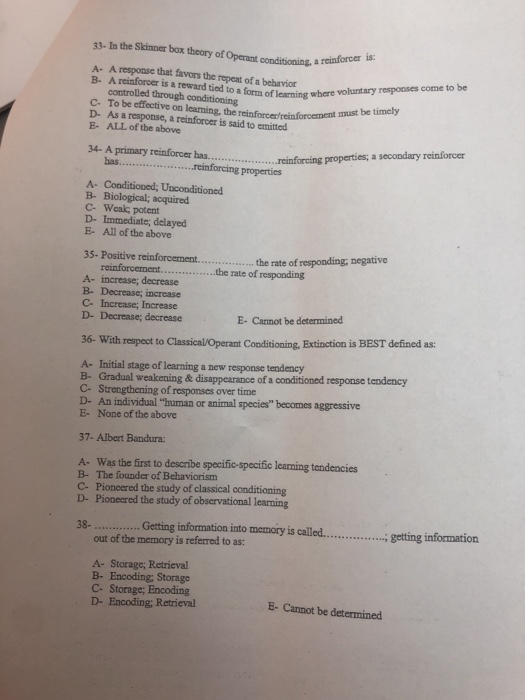 Solved 33- In the Skinner box theory of Operant | Chegg.com