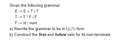 Solved Given the following grammar: E→E+T∣TT→T∗ F∣FF>id∣ num | Chegg.com