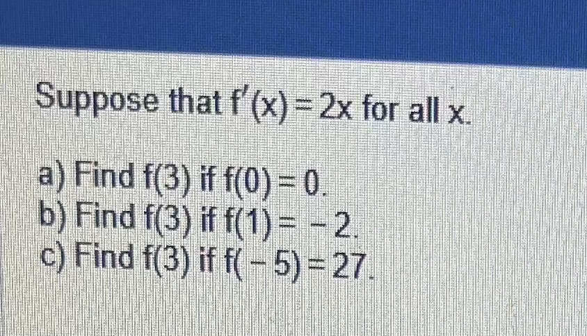 Solved Suppose that f′(x)=2x for all x a) Find f(3) if | Chegg.com