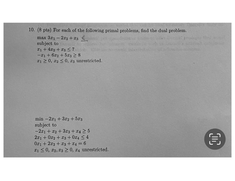 Solved 10. (8 pts) For each of the following primal | Chegg.com
