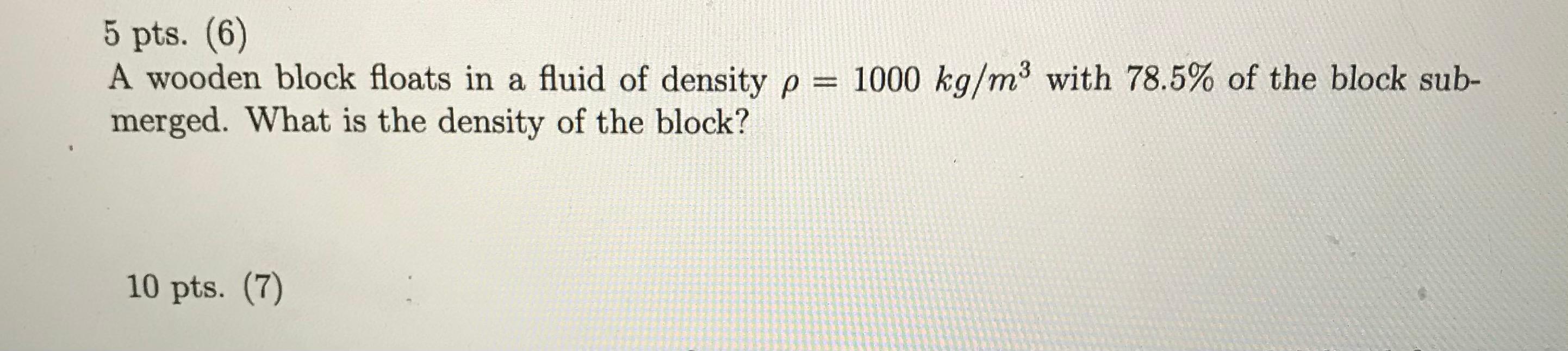 Solved 5 pts. (6) A wooden block floats in a fluid of | Chegg.com