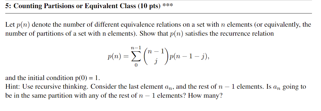 Solved 5: Counting Partisions or Equivalent Class (10 pts) | Chegg.com