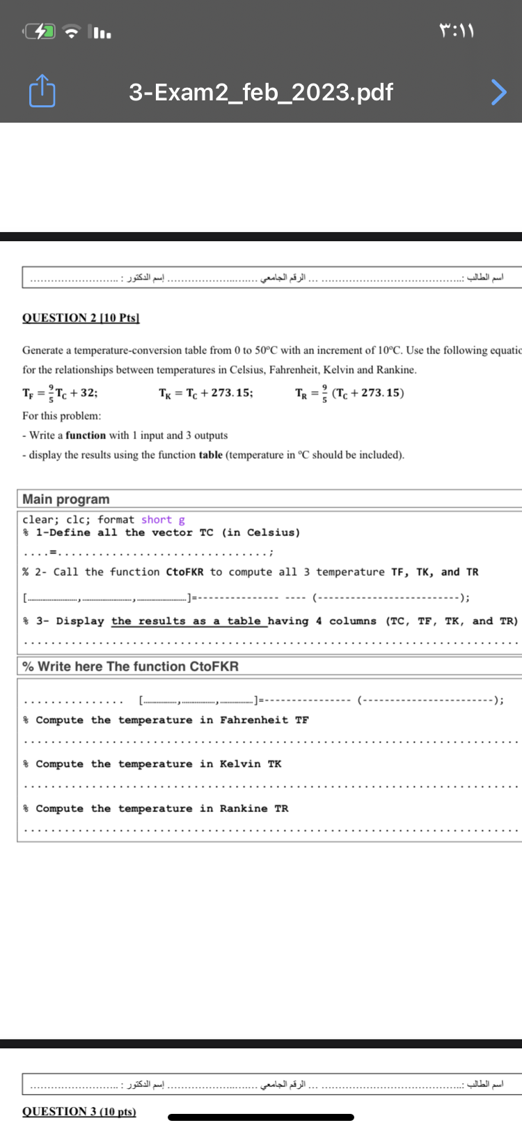 Solved OUESTION PtsGenerate a temperature-conversion table | Chegg.com